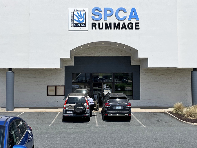 The tan fortress of frugality stands proud under Virginia's blue sky, promising treasures within its unassuming walls.