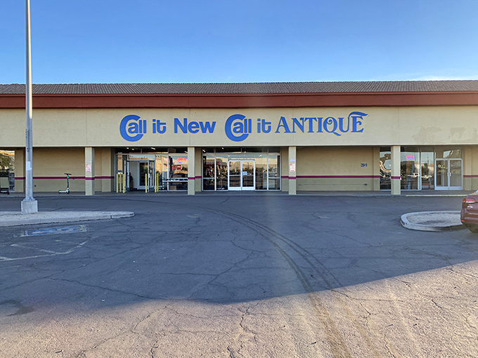 The unassuming storefront of Call it New / Call it Antique in Mesa belies the wonderland of treasures waiting inside. Like a TARDIS of trinkets, it's bigger on the inside than physics should allow. Photo credit: <a href="https://www.google.com/maps/contrib/108894520322275431416" target="_blank" rel="noopener noreferrer">Matthew Morgan</a>