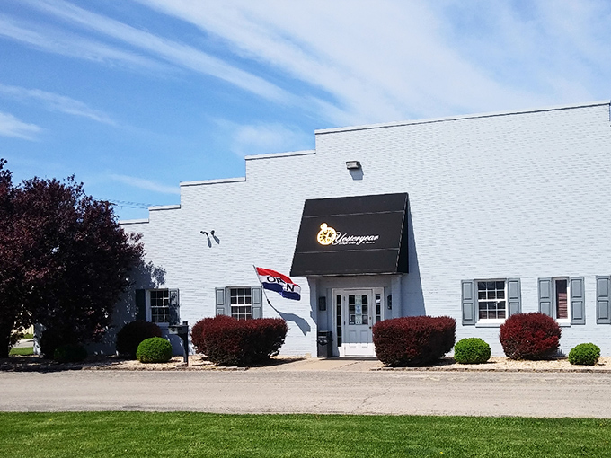 The unassuming white brick exterior of Yesteryear Antique Center&mdash;proof that you should never judge a treasure chest by its cover.