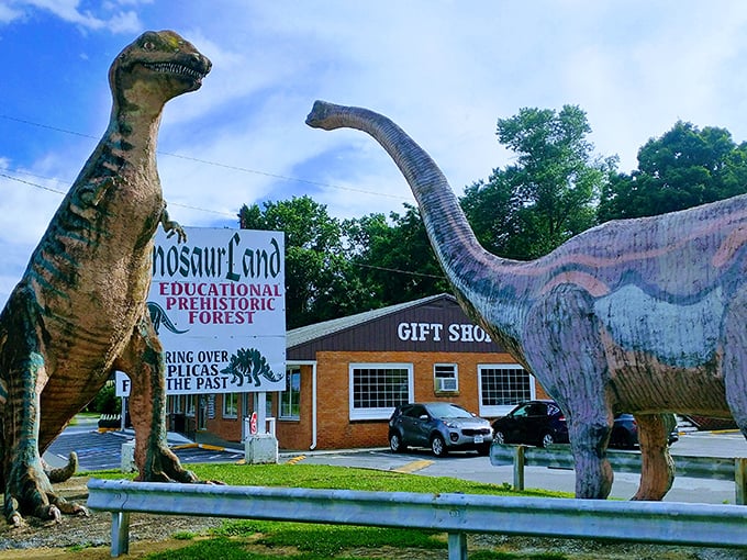 Welcome to prehistoric paradise! Two massive dinosaur sentinels guard the entrance to Dinosaur Land, where retro charm meets Jurassic-sized fun.
