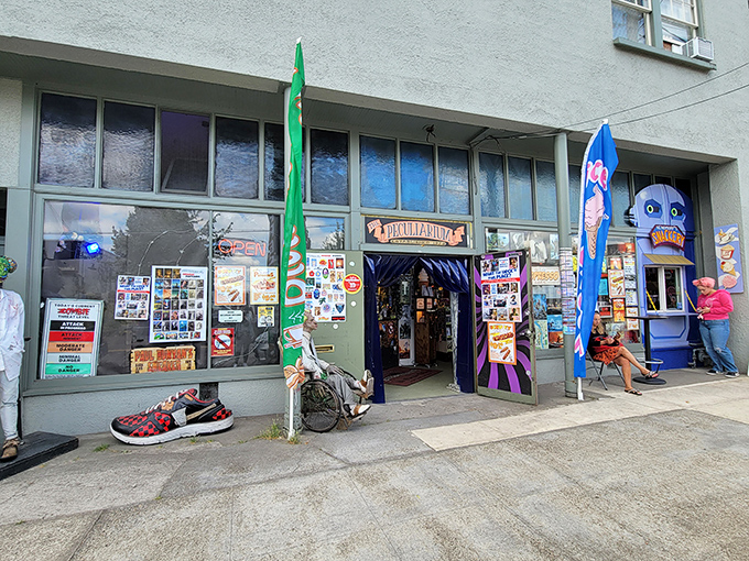 The entrance to wonderfully weird Portland awaits behind these blue strip curtains. Step through if you dare!