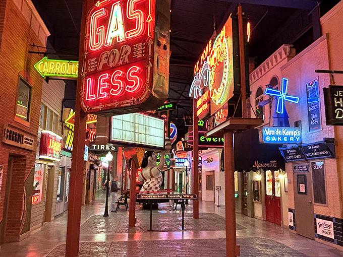 Step into this glowing wonderland where neon dreams come alive. The museum's main hall recreates a vintage American Main Street bathed in electric nostalgia.