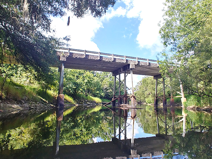 The perfect Florida postcard moment: a wooden bridge reflected in Paynes Creek's mirror-like waters, where time seems to stand perfectly still.
