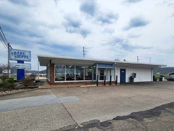 The classic roadside charm of Shake Shoppe stands proudly in Gallipolis, its vintage sign promising spicy pickle bliss to travelers and locals alike.