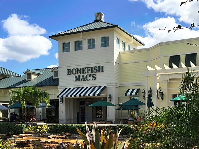 Paradise isn't always on a distant shore. Bonefish Mac's cream-colored exterior and cascading water feature create Florida's perfect seafood oasis in Port St. Lucie.