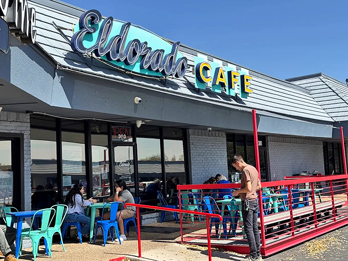 The turquoise sign beckons like a desert mirage, but this Eldorado delivers actual gold in the form of Tex-Mex treasures.