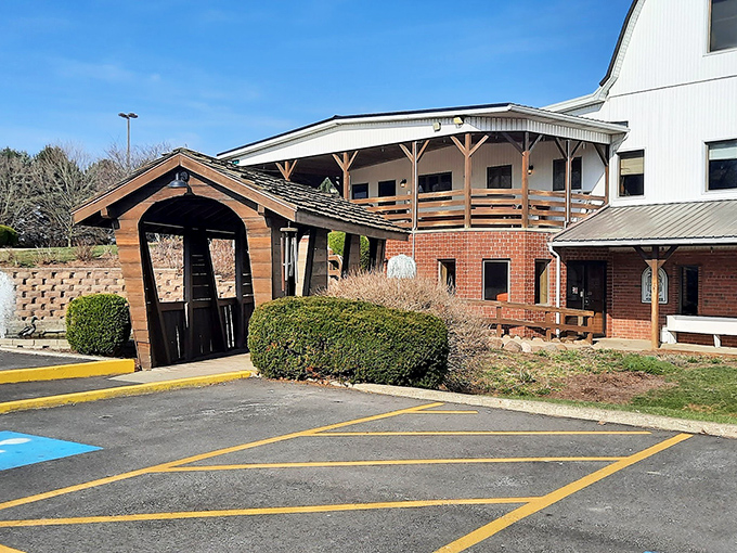 The iconic white barn structure stands proudly against the Ohio sky, like a beacon of comfort food calling hungry travelers home.