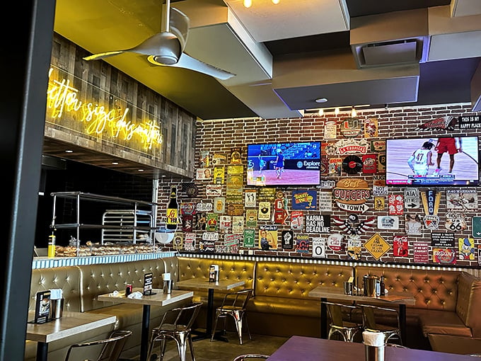 The glowing yellow Burgermeister sign beckons like a burger lighthouse in Brickell's urban jungle, promising salvation from mediocre meals.