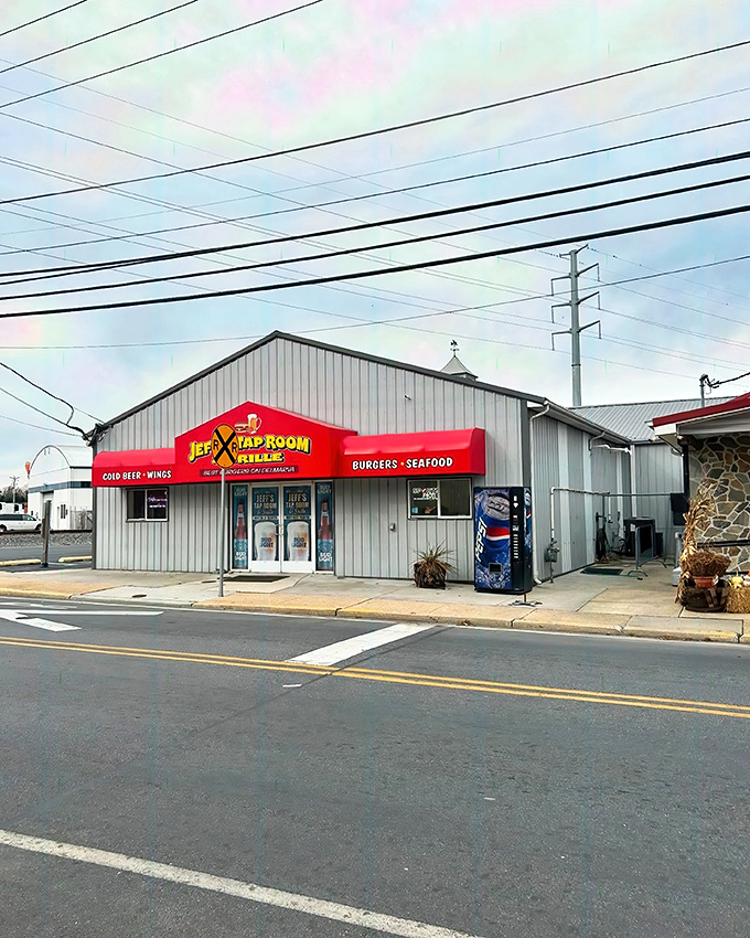 The bold red awning of Jeff's Taproom & Grille promises "BEER &bull; WINGS" but delivers so much more. Small-town Delaware dining at its unpretentious best.