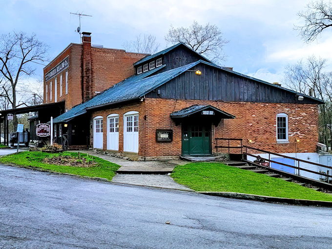 The imposing red brick exterior of Pioneer Mill stands as a testament to Ohio's industrial past, now serving culinary delights instead of grinding grain.