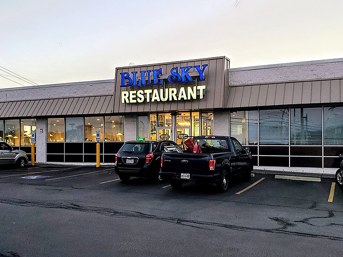 Blue Sky Restaurant's unassuming strip mall exterior is like that friend who doesn't brag but always delivers. Breakfast treasures await behind those doors.