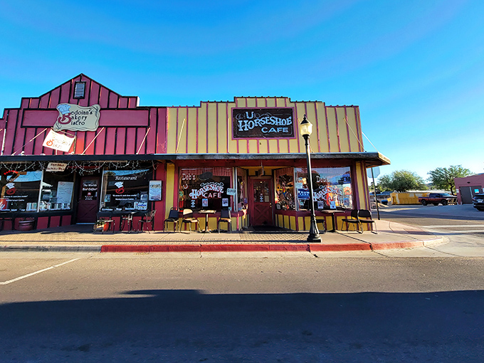 The classic western facade of The Horseshoe Cafe stands proudly on Wickenburg's main drag, a time capsule of Arizona's frontier spirit.