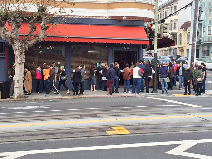 The unassuming exterior that hides San Francisco's best-kept breakfast secret behind its modest red awning.
