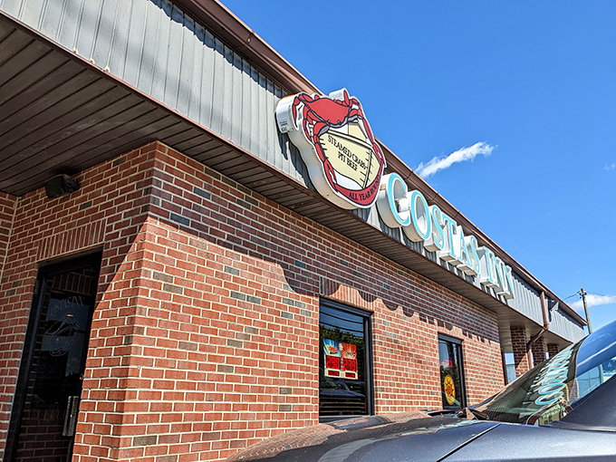 Like a lighthouse for hungry sailors, Costas Inn's iconic crab sign beckons seafood lovers to this unassuming brick building on North Point Boulevard.