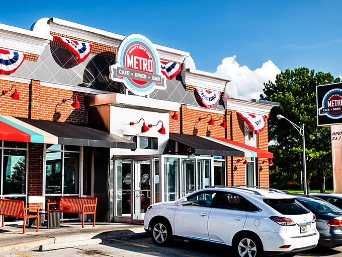 The brick exterior with its distinctive red awnings promises comfort food salvation, like a lighthouse for the hungry traveler.