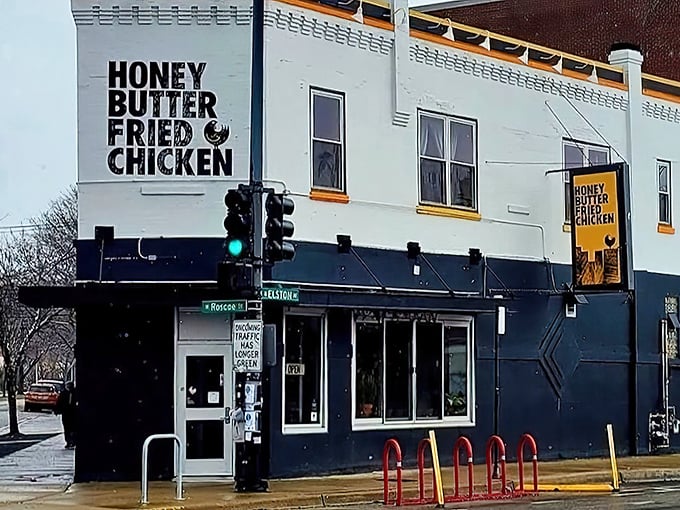 The corner building that houses Honey Butter Fried Chicken stands like a beacon of comfort food glory in Chicago's Avondale neighborhood.