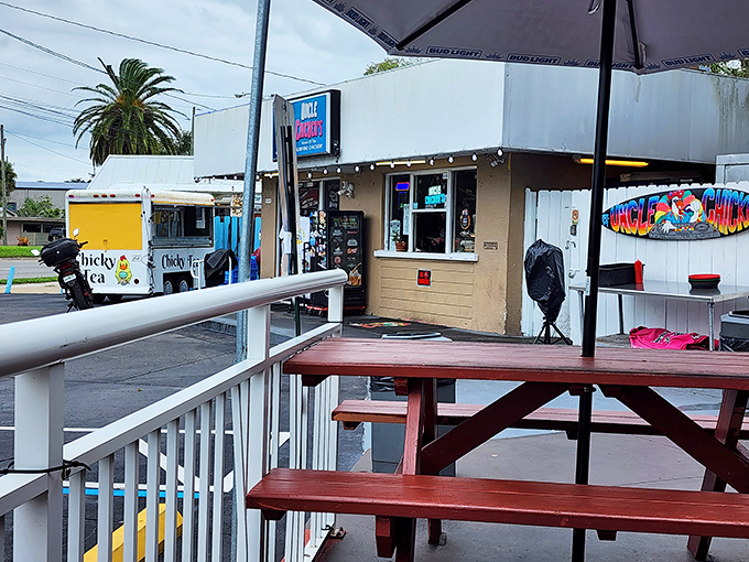 The surfing chicken mascot welcomes you to this unassuming New Smyrna Beach treasure. Like finding a pearl in an oyster, the modest exterior hides culinary gold within. 
