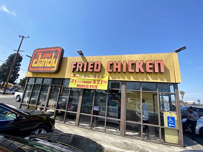 The retro yellow storefront of Jim Dandy stands like a time capsule on South Central Avenue, promising fried chicken perfection that's outlasted countless food trends.