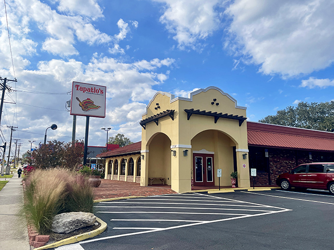 The iconic yellow facade of Tapatio's stands like a beacon of culinary promise, its southwestern architecture hinting at the authentic flavors waiting inside.