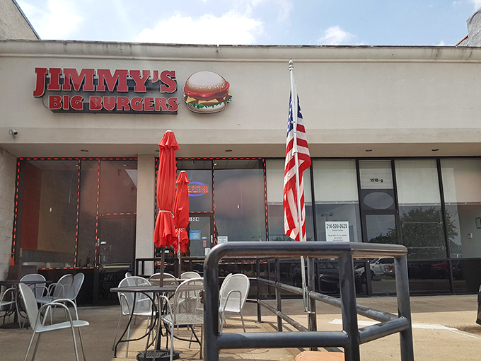 The iconic red signage of Jimmy's Big Burgers stands as a beacon of hope for hungry Garland locals. A burger paradise awaits behind those doors.
