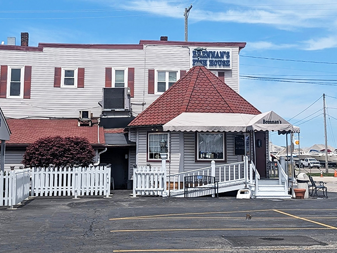 The unassuming exterior of Brennan's Fish House hides culinary treasures within. That distinctive red roof has been beckoning hungry travelers to Grand River's shores since the 1970s. 