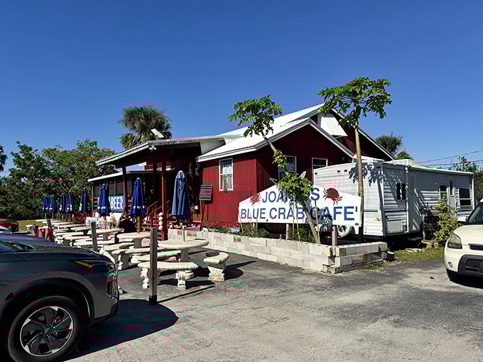 Like a red mirage rising from the Everglades, Joanie's welcomes wanderers with concrete picnic tables and the promise of authentic Florida flavors that no theme park could replicate.