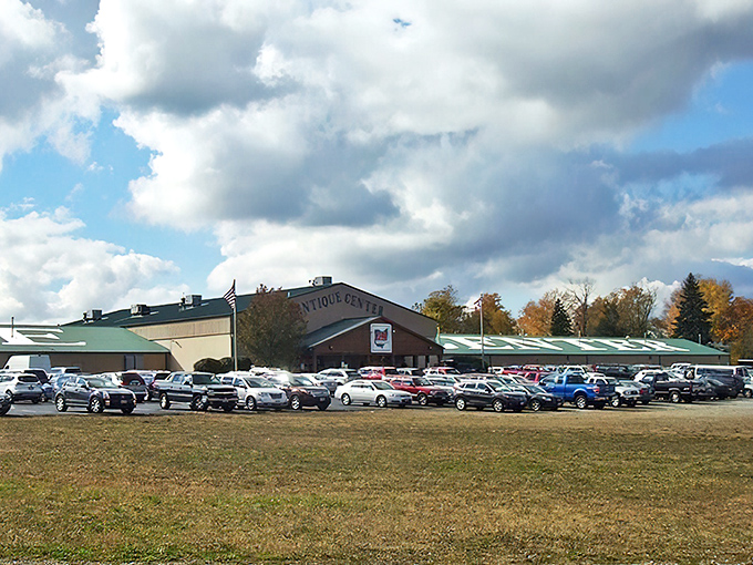 The unassuming exterior of Heart of Ohio Antique Center stands like a treasure chest waiting to be opened, American flags proudly announcing its patriotic collection within.