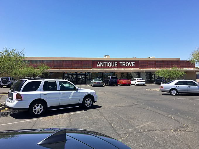The unassuming exterior of Antique Trove belies the wonderland within. Like finding a portal to the past beneath Arizona's brilliant blue skies.