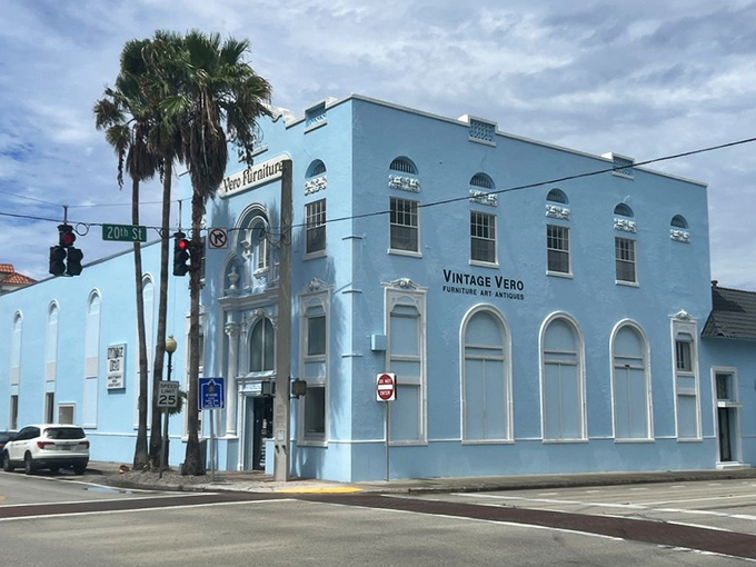 The sky-blue historic building housing Vintage Vero stands out like a tropical oasis in downtown Vero Beach, beckoning treasure hunters with its architectural charm.