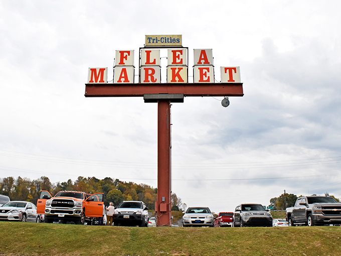 The iconic sign beckons treasure hunters like a Vegas marquee for bargain gamblers—your jackpot of curiosities awaits beneath those bold red letters.