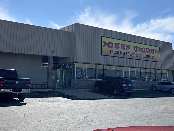 The unassuming exterior of Mike's Unique belies the wonderland of treasures within. Like a time-travel portal disguised as a warehouse in Springfield.