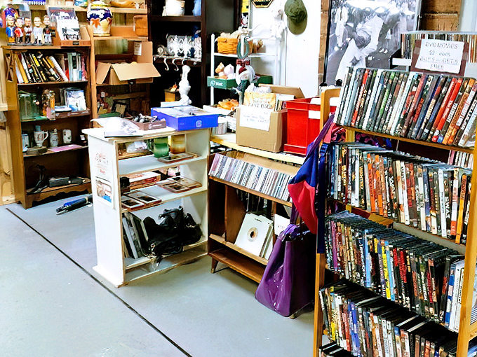 Books, DVDs, and collectibles line the shelves at Miller's Crossing Fleatique—where one person's forgotten treasures become another's prized discoveries.