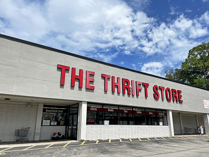 The no-nonsense red lettering says it all – this isn't a boutique "curated vintage experience," it's THE Thrift Store, where treasures await the patient hunter.