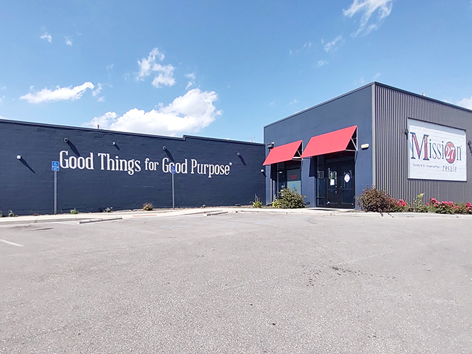 The striking navy-blue exterior with its bold "Good Things for Good Purpose" motto isn't just clever marketing—it's the honest-to-goodness mission of this Indy gem.