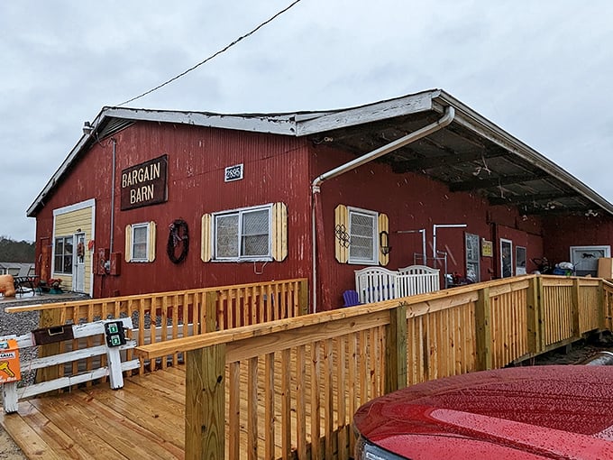 That classic red barn exterior promises treasures within, like a rustic jewelry box waiting to be opened.