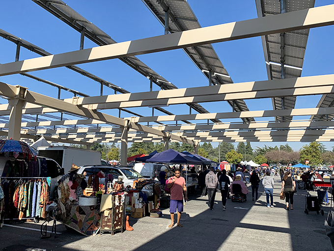 Solar panels provide welcome shade as treasure hunters navigate the bustling aisles. Who knew sustainable energy and vintage furniture shopping could make such perfect partners?