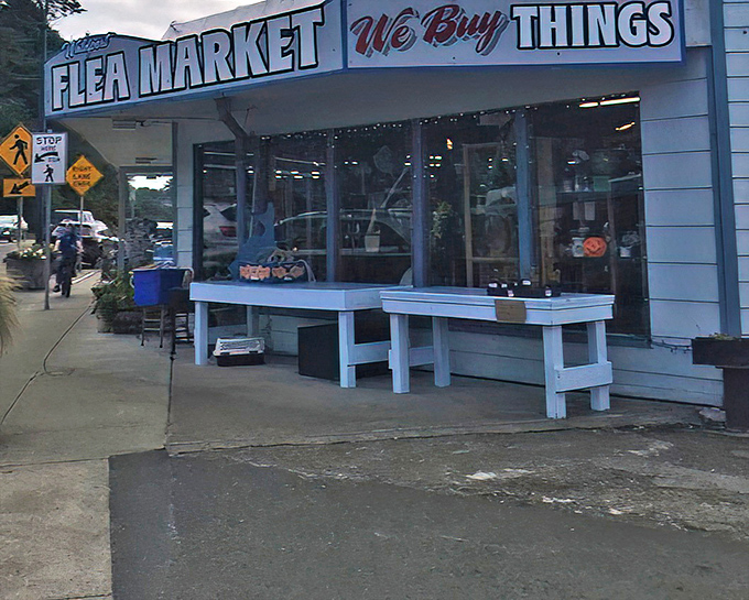 The unassuming blue-trimmed exterior of Waldport Flea Market beckons with promises of hidden treasures and the glow of that classic "WE BUY GOLD & SILVER" neon sign.