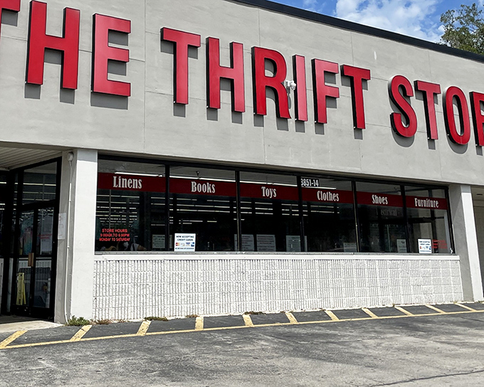 The bold red letters of The Thrift Store beckon like a siren song to bargain hunters. No fancy frills needed when treasures await inside.