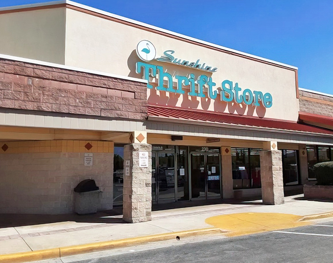 The turquoise sign beckons like a siren call to bargain hunters. Sunshine Thrift's flamingo logo perfectly captures Florida's thrifty paradise vibe.