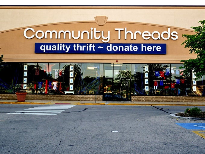 The storefront promises "quality thrift" and delivers on that promise with a clean, inviting facade that says "bargain hunter's paradise" without shouting "garage sale leftovers."