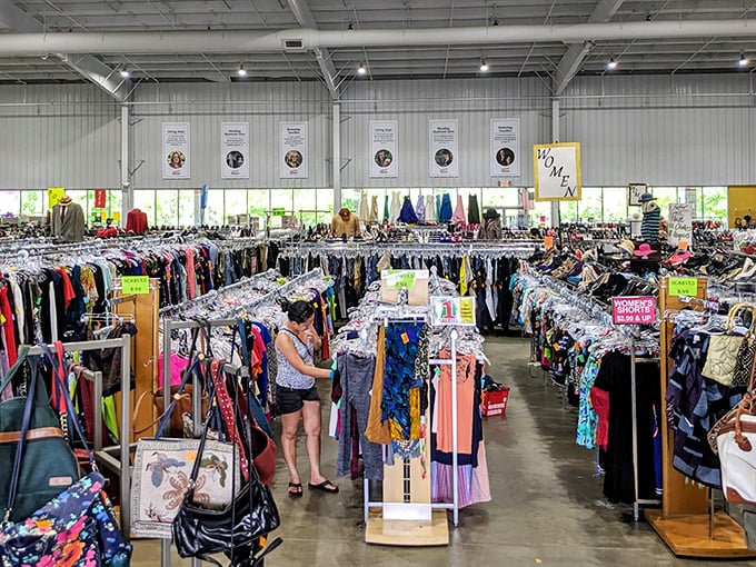 Treasure hunters navigate a sea of clothing racks under soaring ceilings. This isn't just shopping&mdash;it's an expedition with purpose.