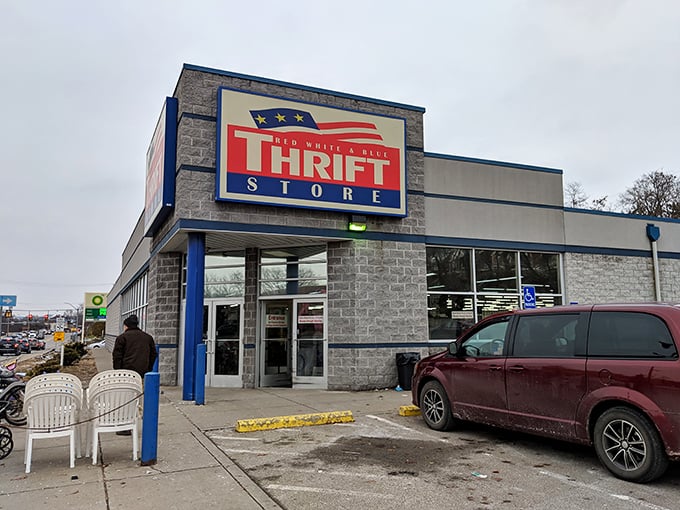 The unassuming exterior of Red White & Blue Thrift Store&mdash;where budget-friendly treasures await behind a facade that keeps Pittsburgh's best bargain secret hiding in plain sight.