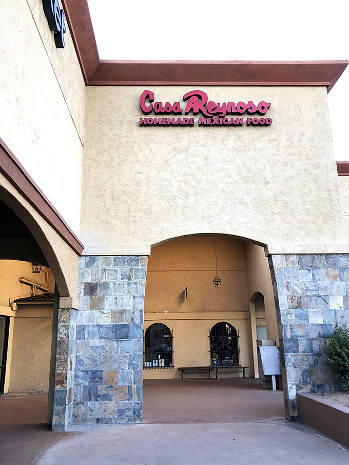 Casa Reynoso's exterior promises authentic Mexican flavors hiding behind those welcoming stone archways and warm stucco walls.