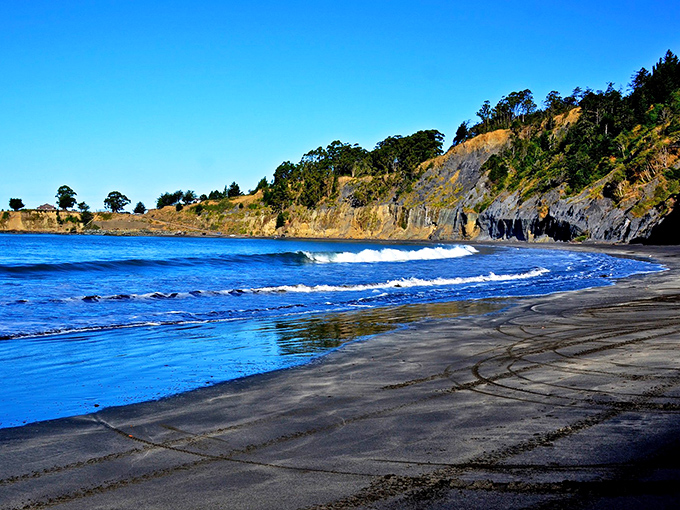 Nature's color inversion at its finest&mdash;dramatic black sand meets frothy white waves along California's most otherworldly shoreline.