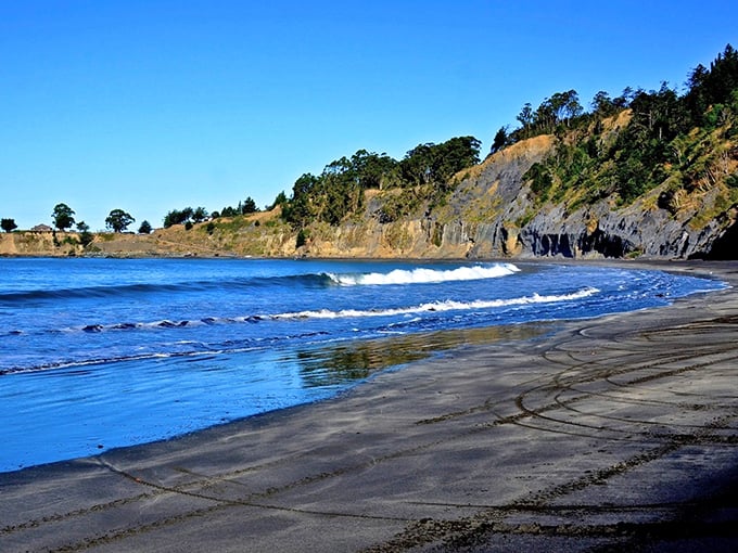 The dramatic contrast of obsidian-black sand against azure waters creates nature's most striking color palette. Mother Earth showing off her artistic side.