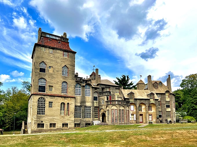 Fonthill Castle stands like a medieval fever dream in suburban Pennsylvania, its concrete towers and asymmetrical windows defying architectural convention with gleeful abandon.