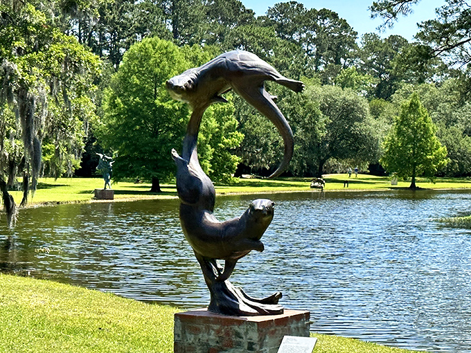 Ancient live oaks draped in Spanish moss become magical forests after dark, with twinkling lights transforming ordinary paths into scenes from a fairytale.