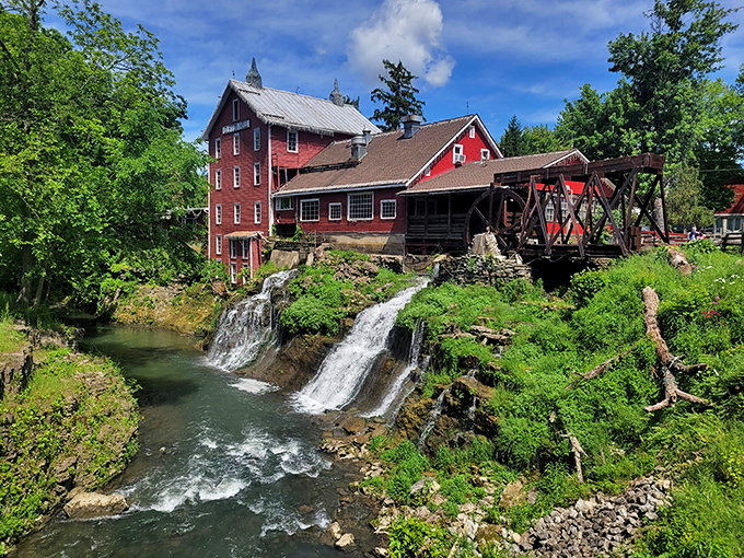The iconic red mill perched above cascading waterfalls creates a scene so perfect you'll wonder if you've stumbled onto a movie set.