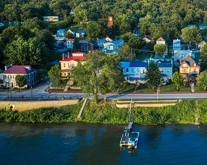 Ripley unfolds like a storybook from above, where the Ohio River curves gracefully alongside historic buildings that have witnessed centuries of American history