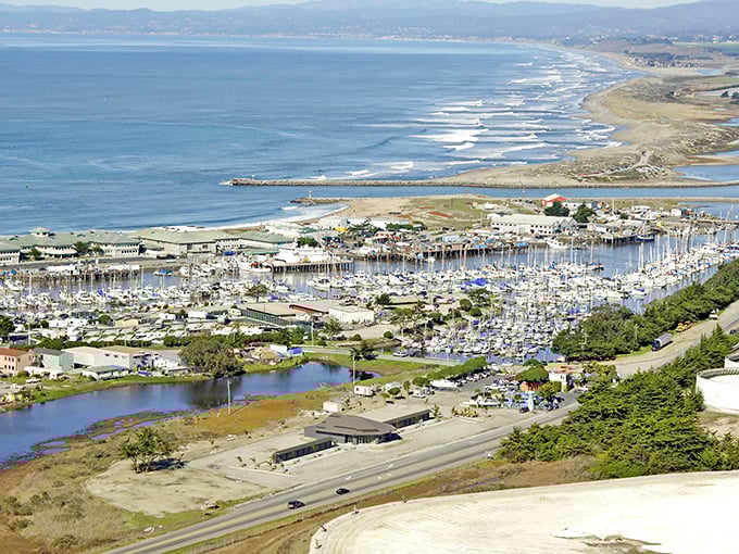 A bird's-eye view of paradise! Moss Landing's harbor nestles between farmland and ocean, where boats bob like colorful toys in nature's perfect playground.